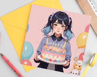 Kawaii Kittens Birthday Card Traditional Anime, Kawaii Design Pink ...