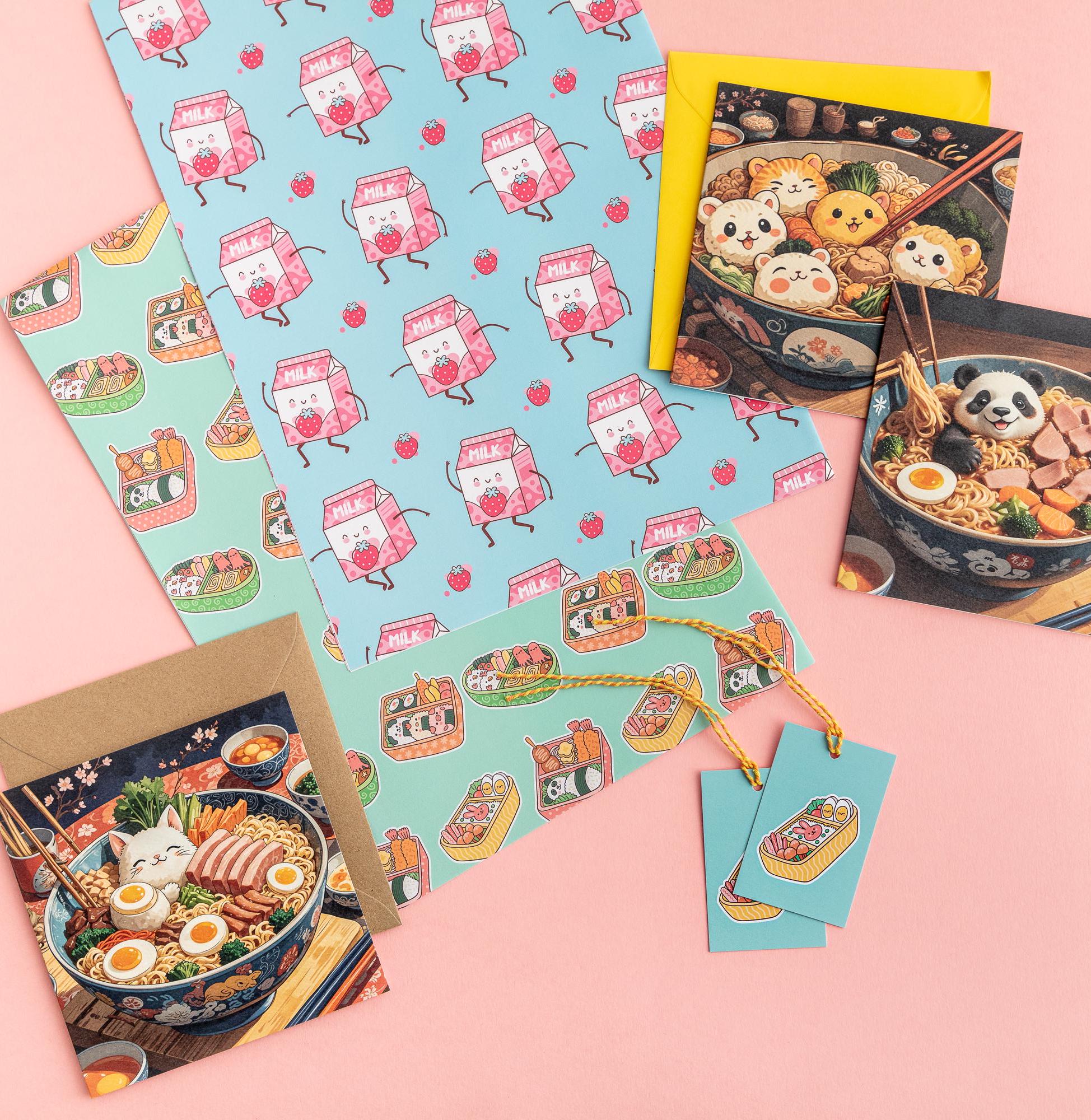 Japanese Bento Box, Kawaii Wrapping Paper Sheet- Individual Sheets of ...