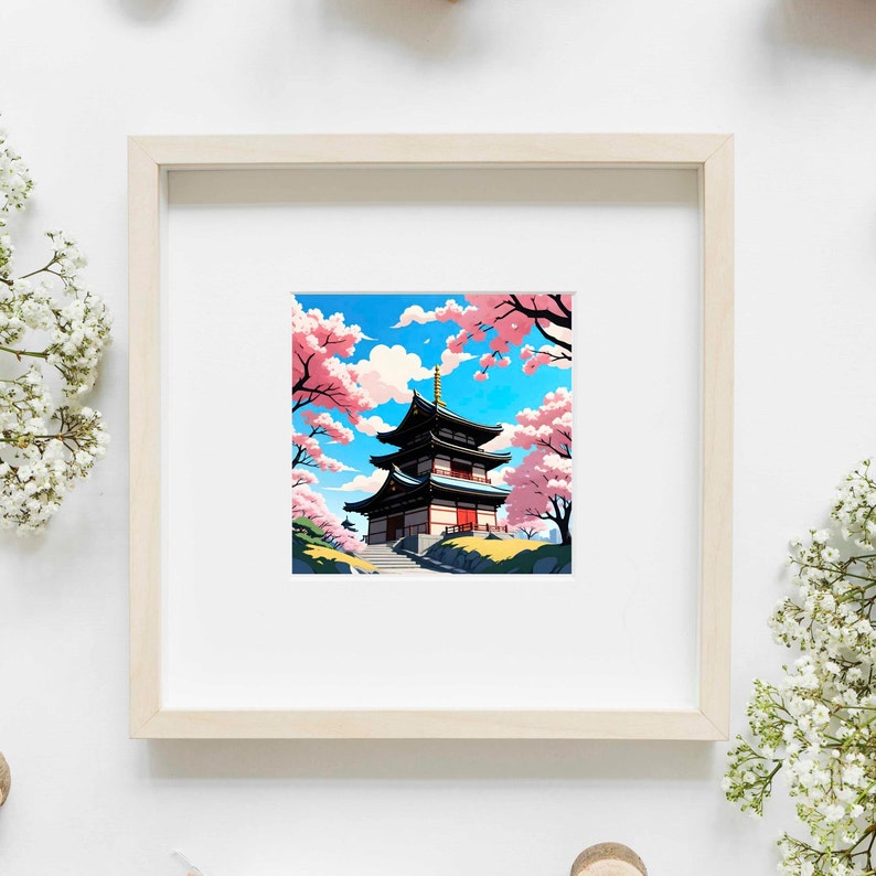 Spring Pagoda in Japan Japanese Print, Kawaii Japanese Building, Square ...
