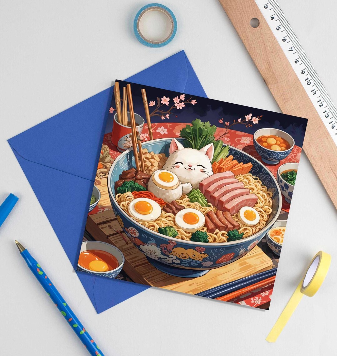 Kawaii Cute Ramen Bowl Greetings Card - Anime, Ramen Bowl, Cute ...
