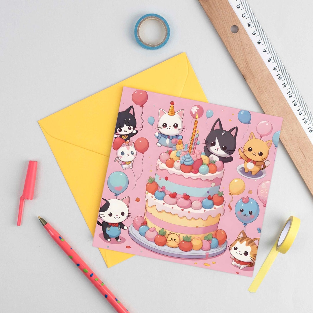 Kawaii Kittens Birthday Card, Traditional Anime, Kawaii Design Pink ...