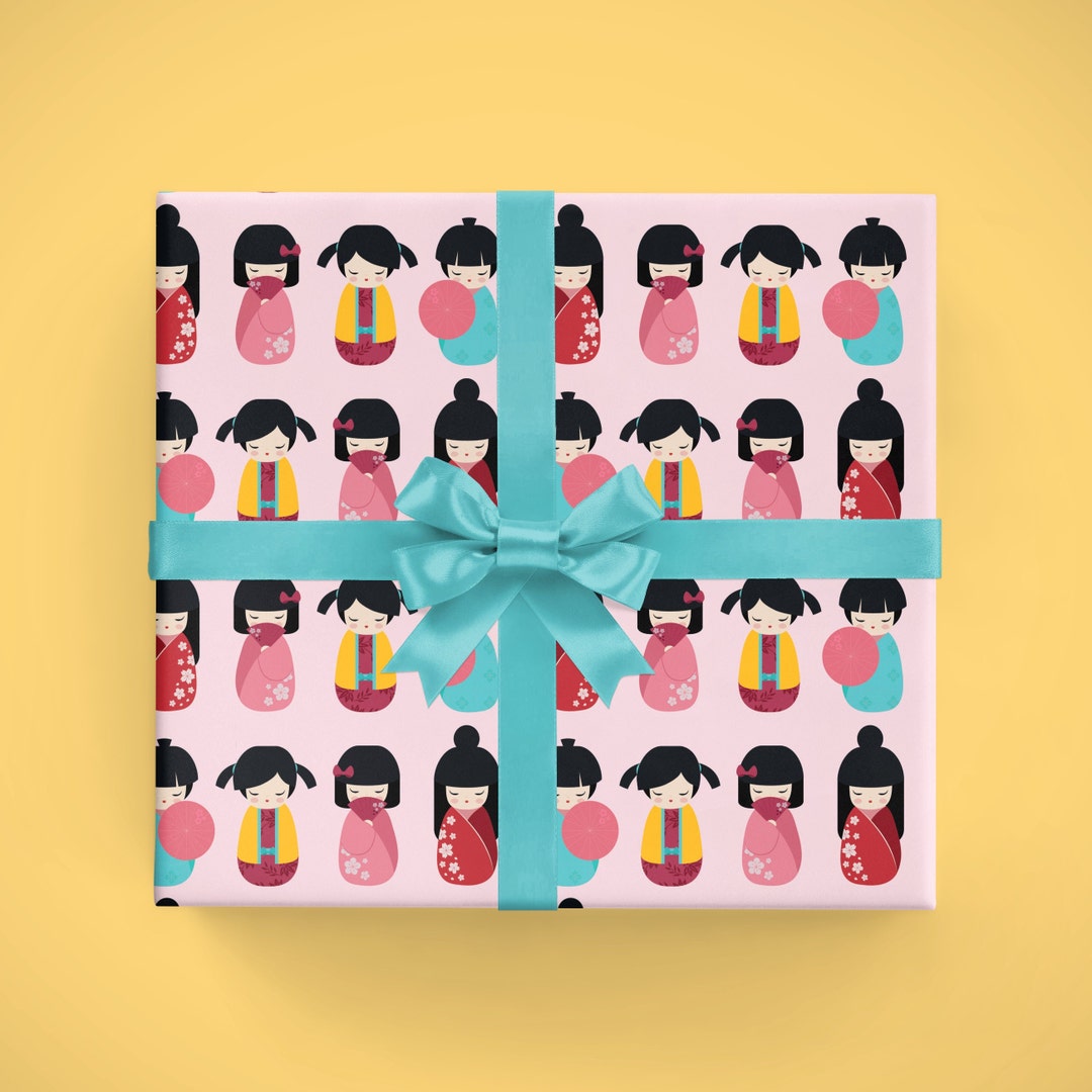 Japanese Wrapping Paper, Kokeshi Dolls Wrapping Paper (pink) - Sheets ...