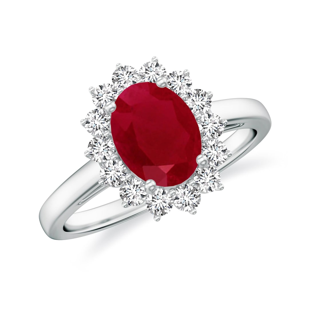 Red Ruby Halo Wedding Ring, 925 Sterling Silver Handmade Gemstone Ring ...