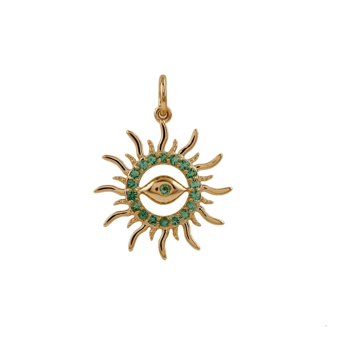 Evil Eye Sun 14k Gold Round Zambian Emerald Pendant, Christmas Gift ...