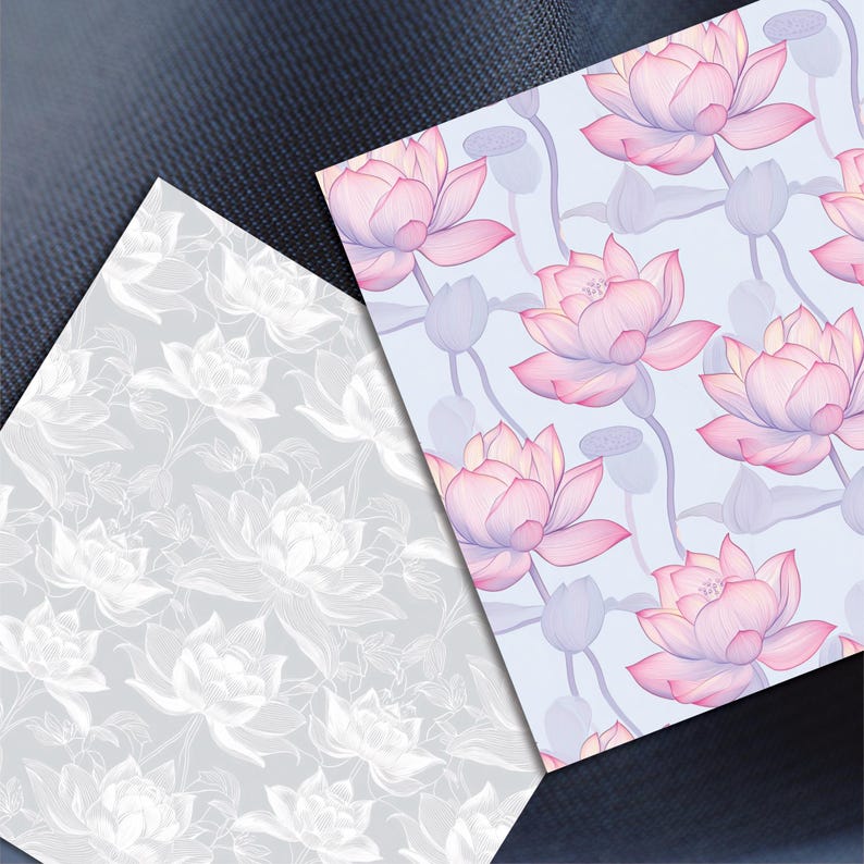 Digital Paper of Lotus Flower Floral Outline Seamless Digital Paper ...