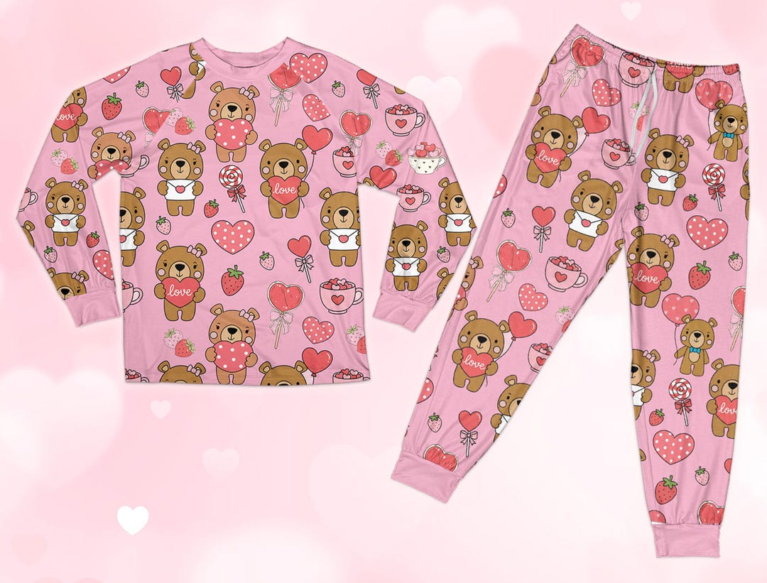Teddy Bear Heart Pajama Sets, Pink Valentine's Day Pajamas, Strawberry ...