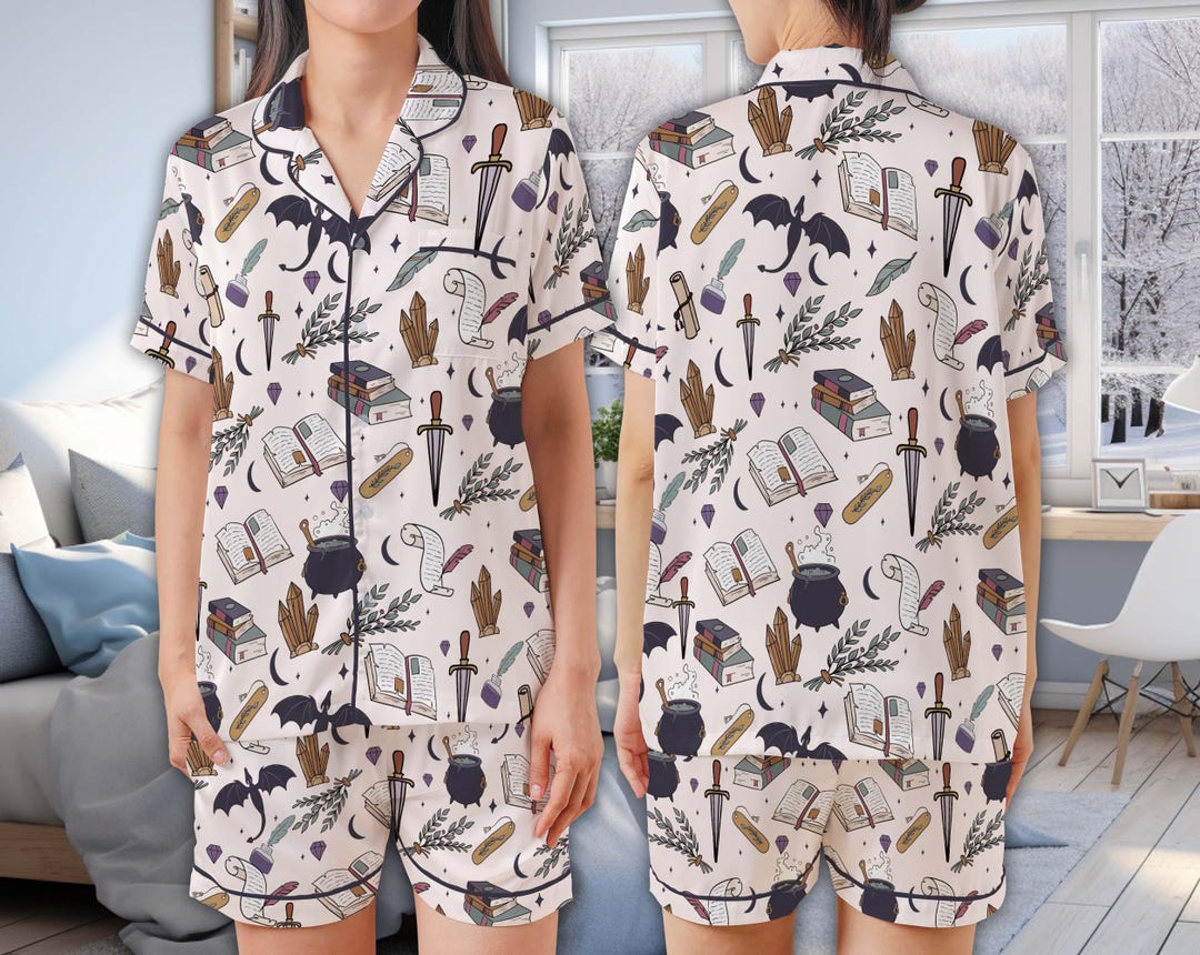 Mystical Satin Pajama Set, Witchy Spellbook, Potion, Dagger & Crystal ...