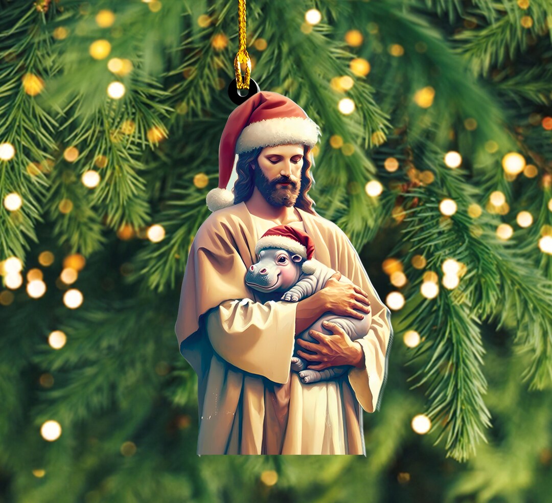 Jesus Moo Deng Christmas Ornament, Cute Baby Hippo Meme Ornament ...