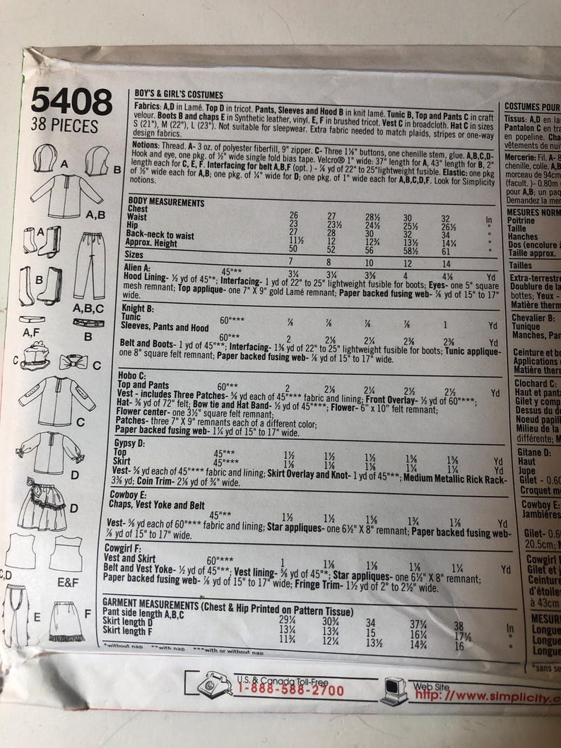 Simplicity 5408 Uncut Costume Pattern. Boys and Girls Patterns. Sizes 7 ...