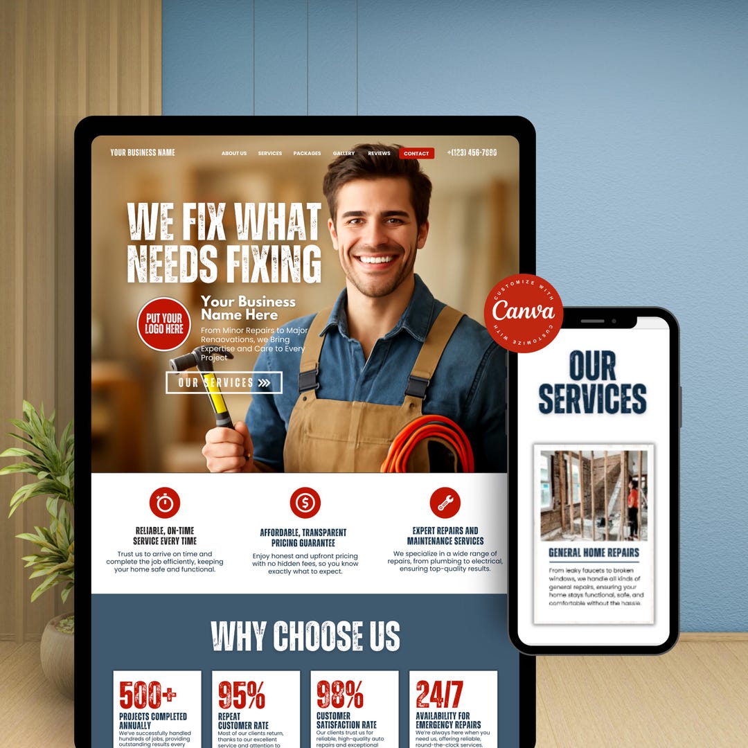 Handyman Website Canva Template for Handyman Services, Home Repair ...