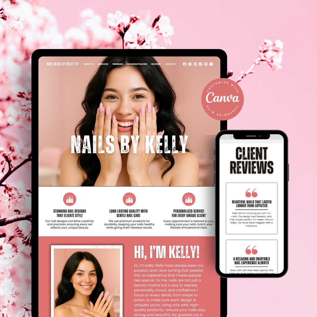 Nail Tech Website Template Pink, Nail Salon Website, Nail Tech Booking ...