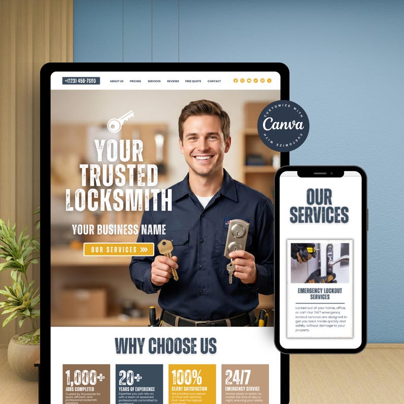 Locksmith Website Template Canva, Locksmith Business Website Landing ...