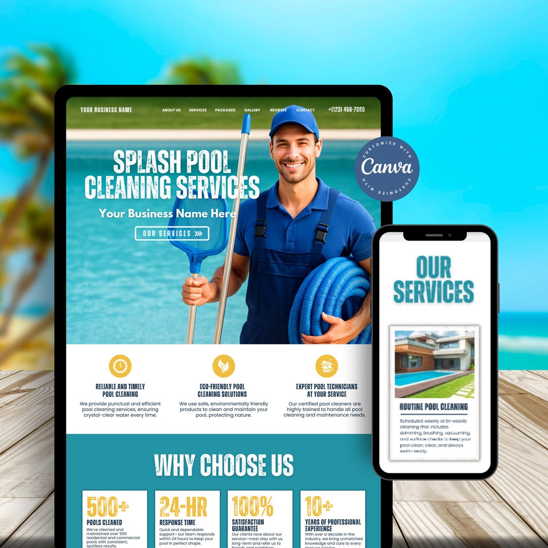 Pool Cleaning Website Template – Canva Landing Page for Pool Cleaner ...