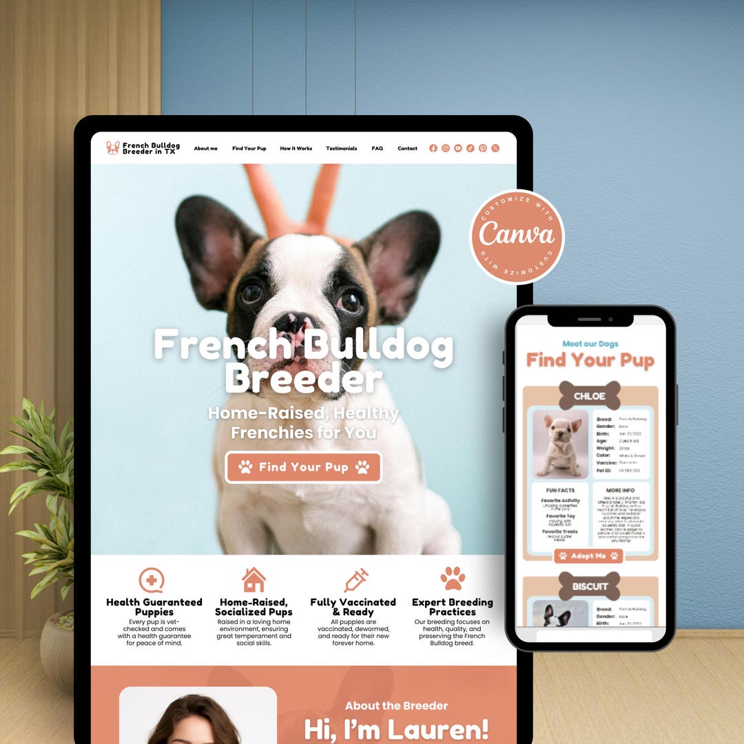 Dog Breeder Website Template for French Bulldog, Puppy Adoption Website ...