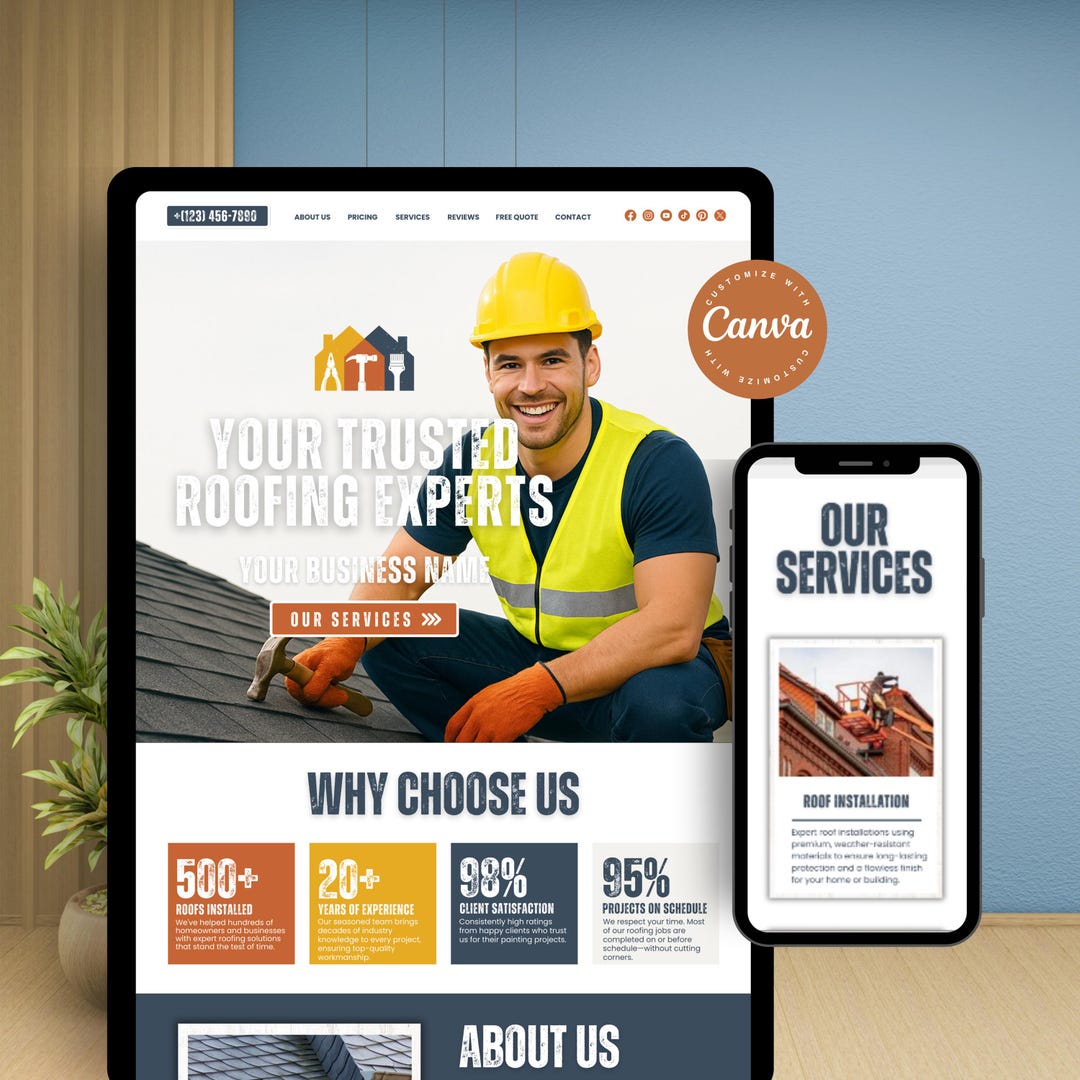 Roofing Website Template Canva for Roofing Contractors, Roofing ...