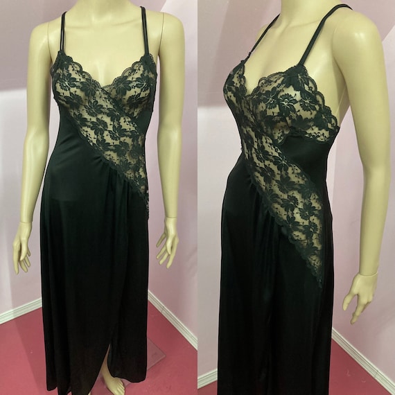 Vintage 70s Sexy Black Nylon Nightgown With Sheer Lac Gem