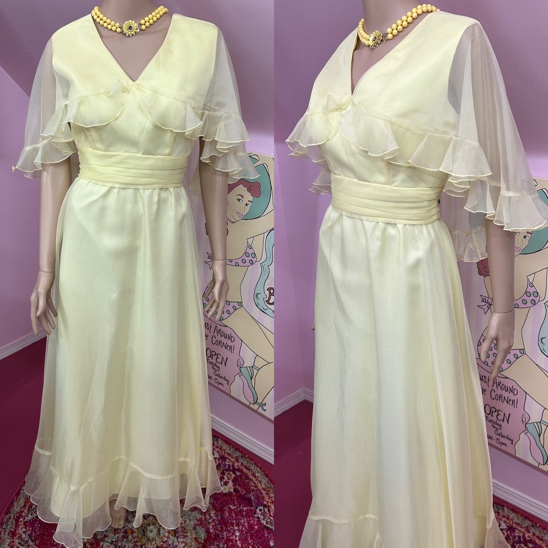 Vintage 70s Yellow Chiffon Maxi Dress. 1970s Yellow Bridesmaid Dress ...