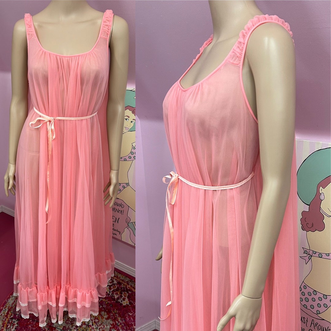 Vintage 70s Sheer Chiffon Nightgown by Miss Elaine. Salmon Pink Double ...