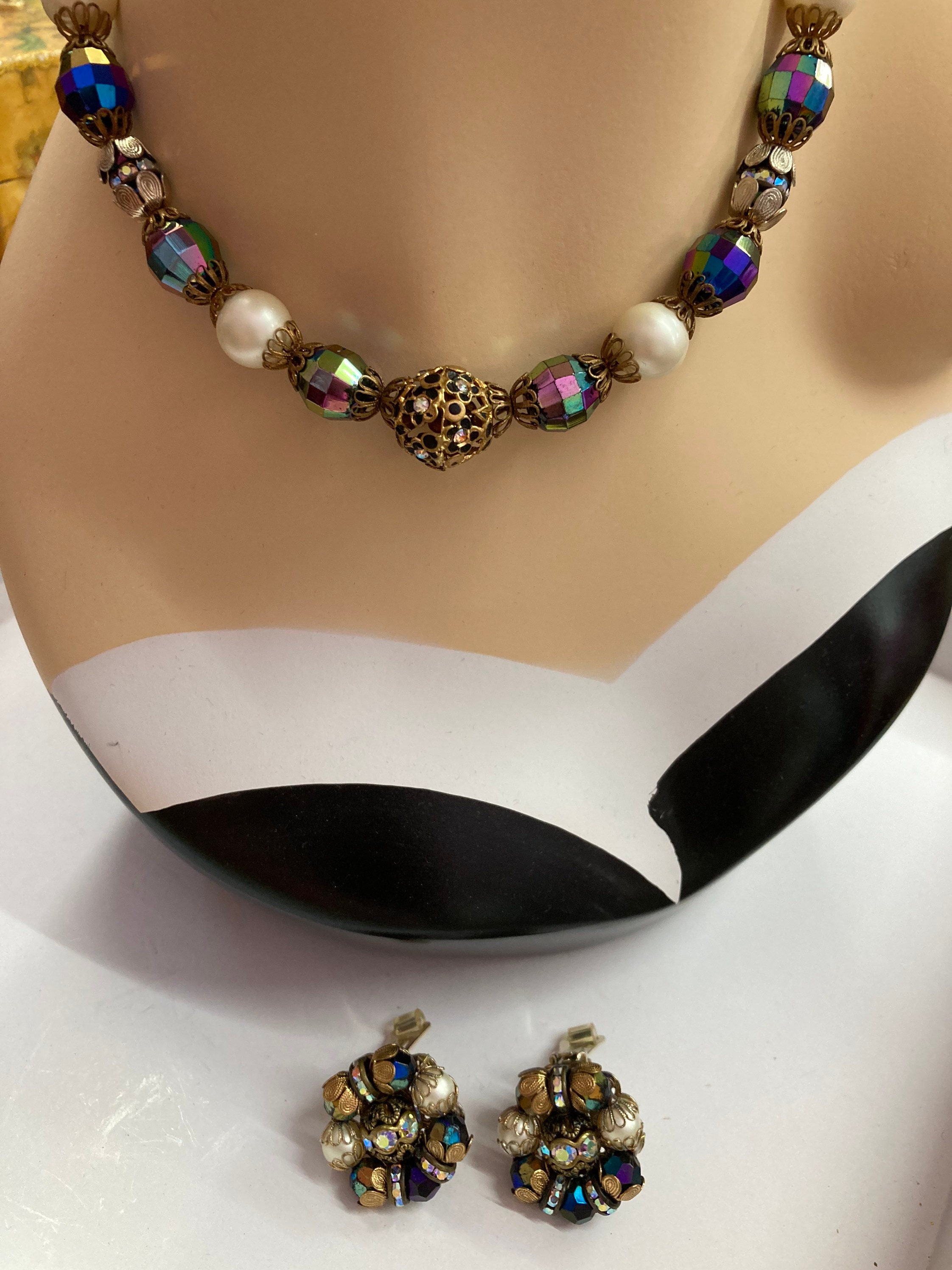 Vintage 50s Crystal & Pearl Necklace and Earrings Set by Hobe - Etsy