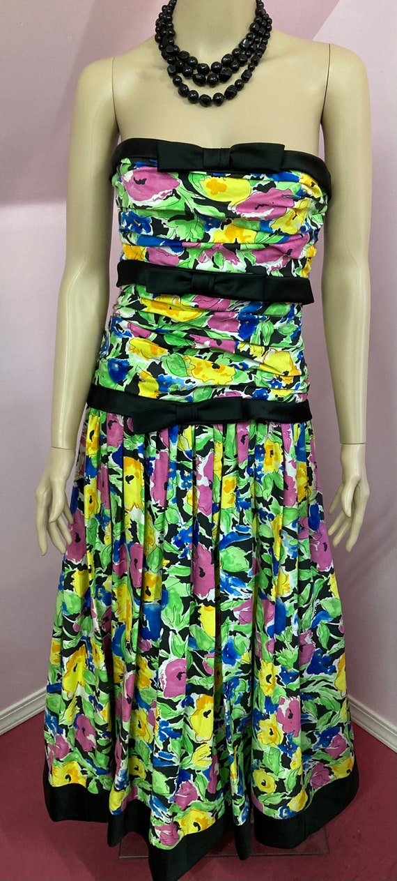 Vintage 80s Frank Usher Gown. Long Floral Strapless D… - Gem