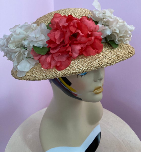 Vintage 1940s Straw Boater Hat with Red & White Flowe… - Gem