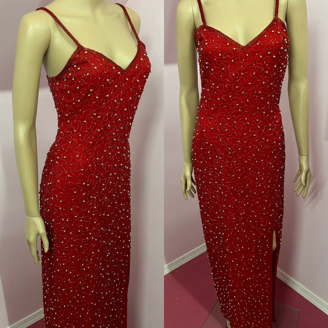 Vintage 80s Long Red Silk Beaded Dress With Red & Metallic Gold Beads ...