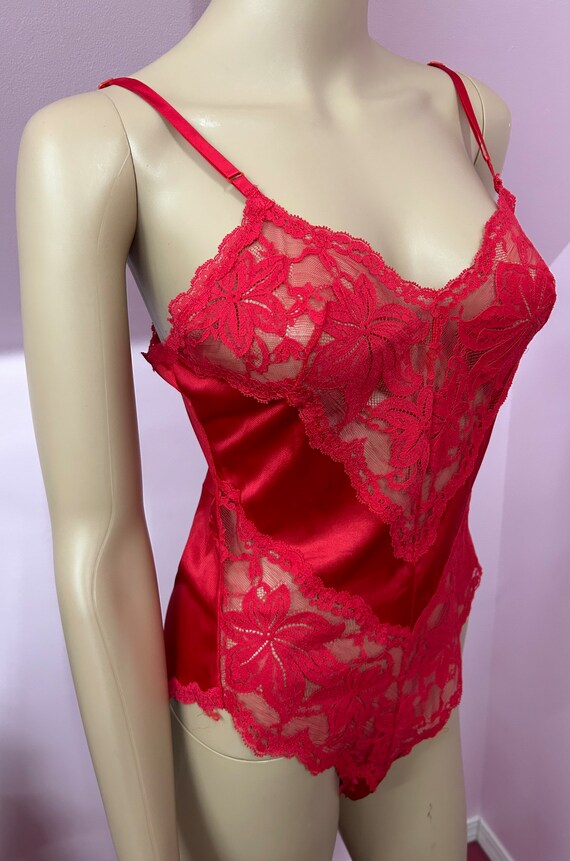 Vintage 70s/80s Red Nylon Teddy with Sheer Lace and S… - Gem