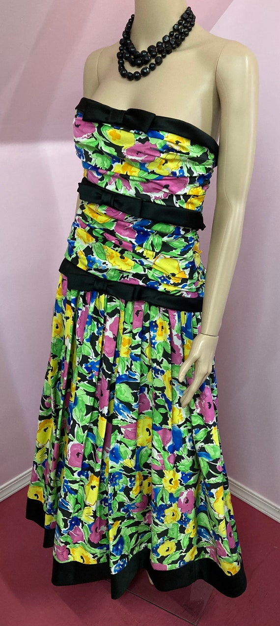 Vintage 80s Frank Usher Gown. Long Floral Strapless D… - Gem