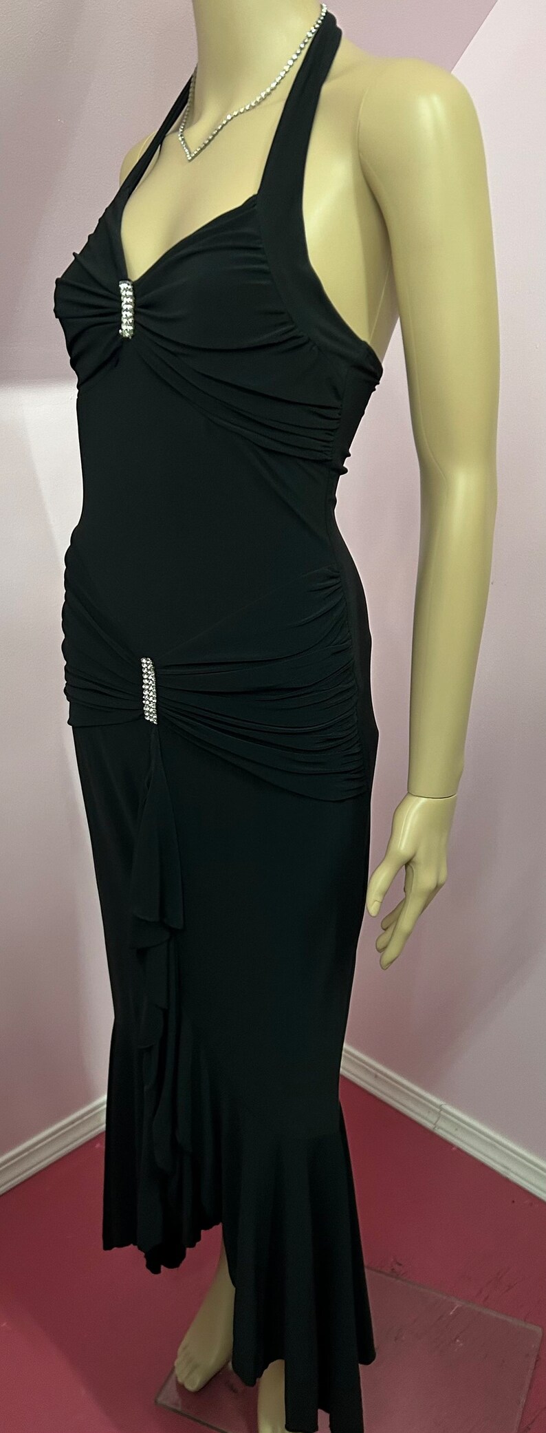 Vintage 80s Slinky Black Gown With Rhinestone Accents. Long Black ...