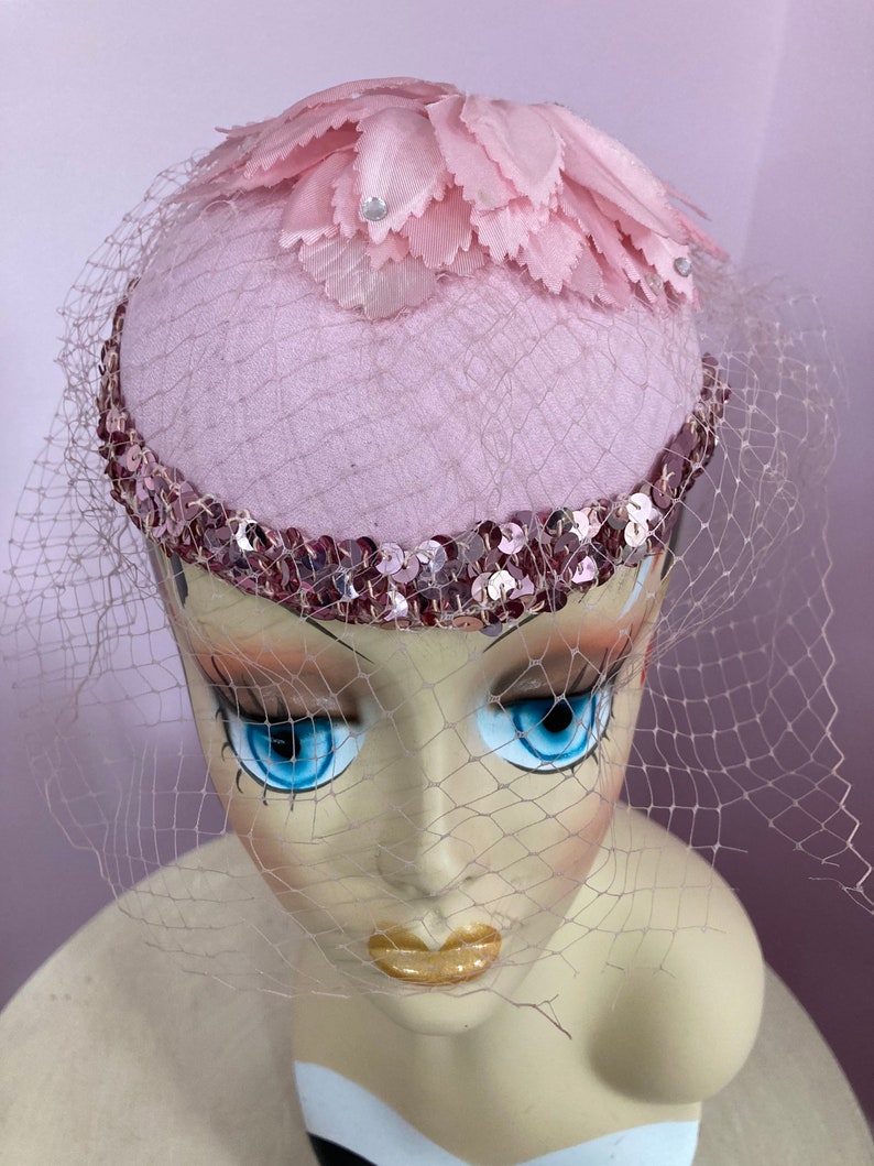Vintage 80s Pink Juliette Cap With Rhinestoned Flower & Sequins. 80s ...