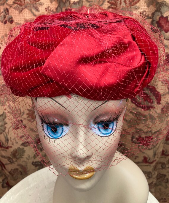 Vintage 60s Hat.Red 60s Hat.Red Satin & Velvet Hat wi… - Gem