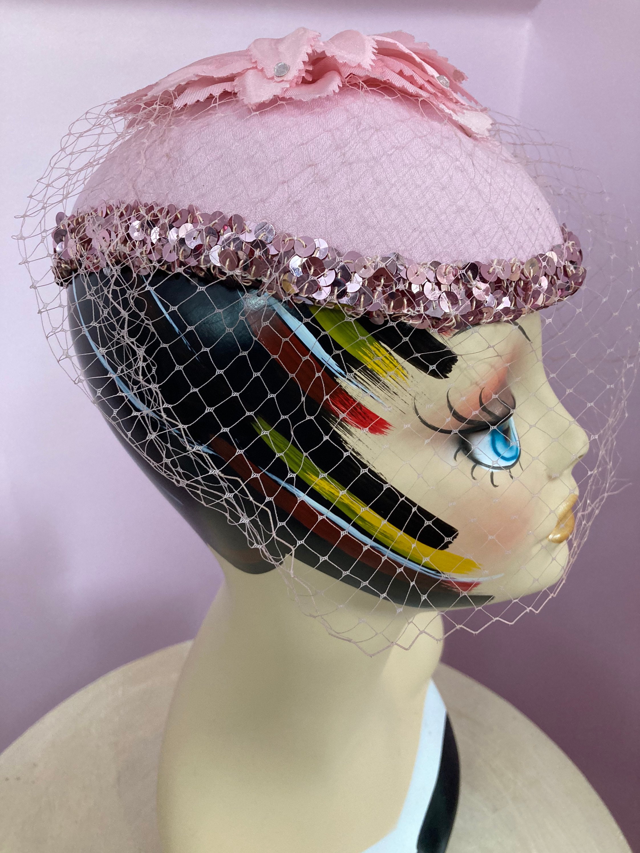 Vintage 80s Pink Juliette Cap With Rhinestoned Flower & Sequins. 80s ...