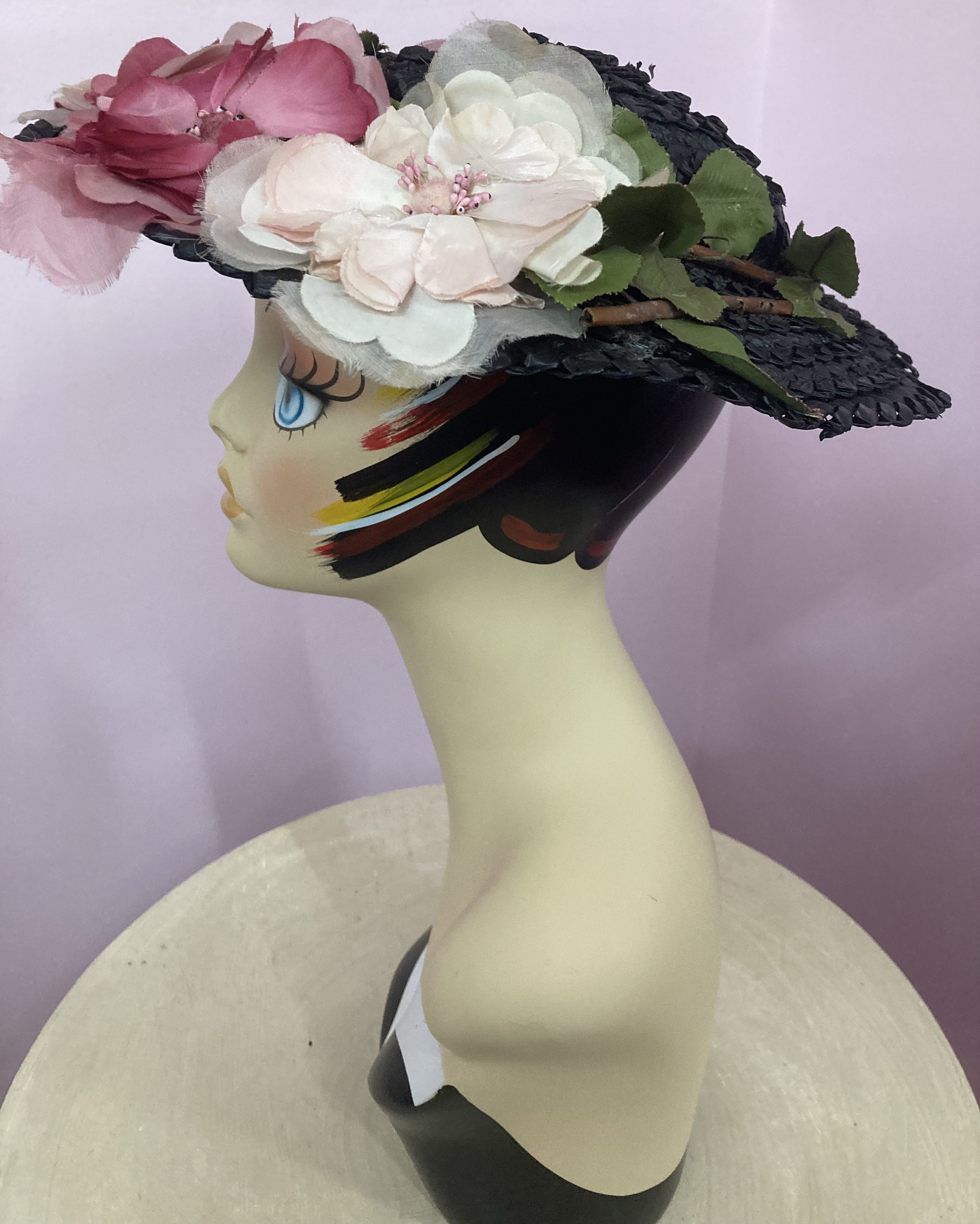 Vintage 1940s Black Straw Platter Hat With Pink & Ivory Cabbage Roses ...