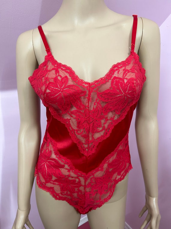 Vintage 70s/80s Red Nylon Teddy with Sheer Lace and S… - Gem
