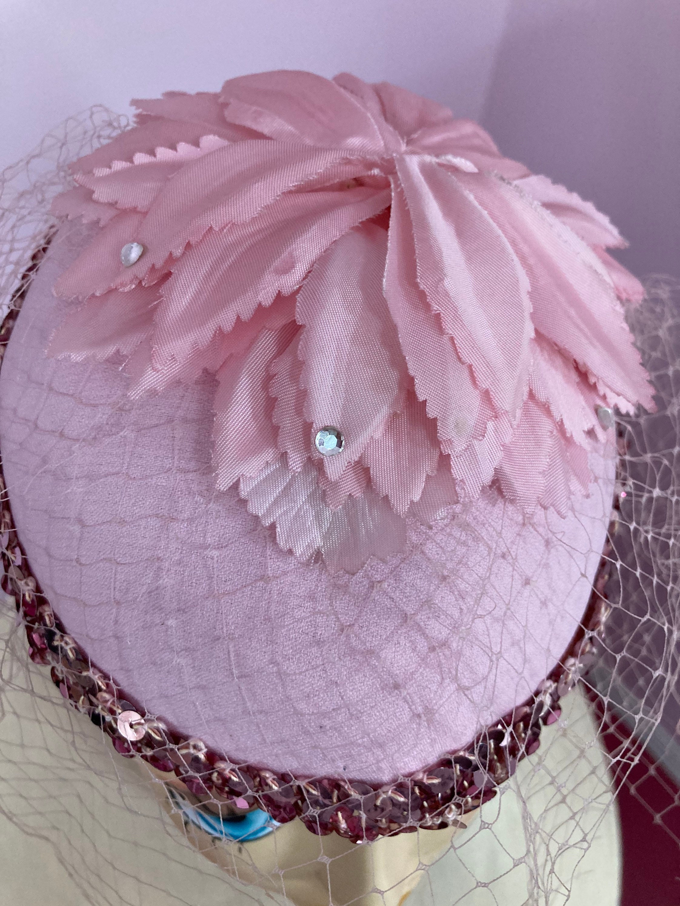 Vintage 80s Pink Juliette Cap With Rhinestoned Flower & Sequins. 80s ...