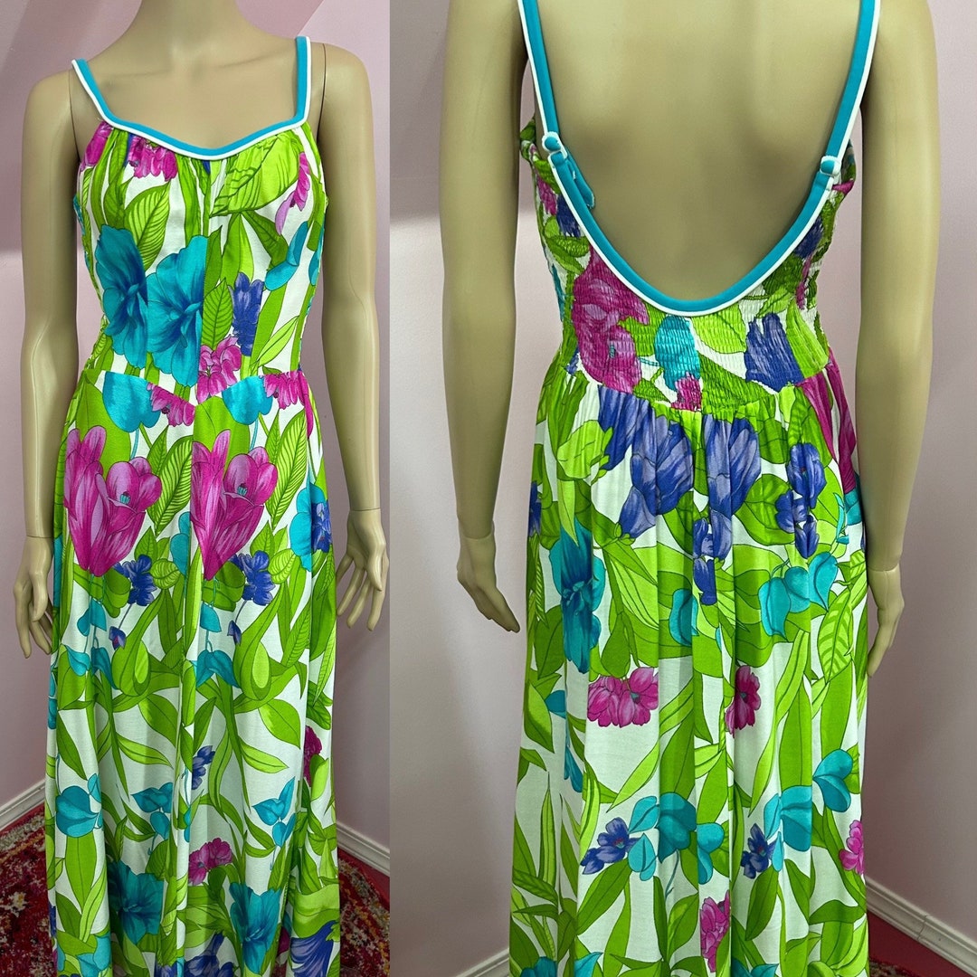 Vintage 70s Cotton Hawaiian Print Barkcloth Long Sundress by Deweese ...