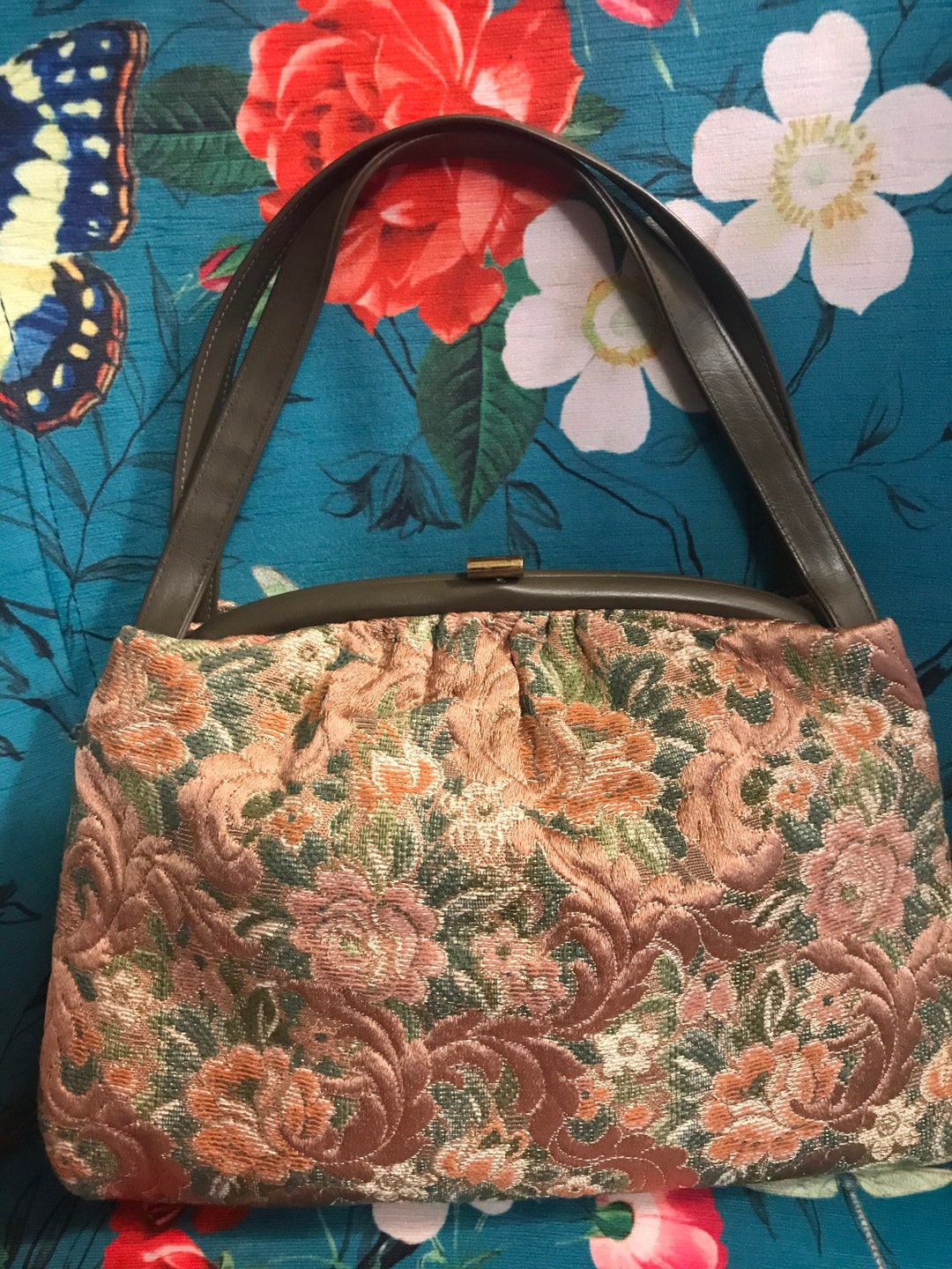 Vintage 60s Brown Tapestry Handbag. 60s Tapestry Purse. 1960s Handbag ...