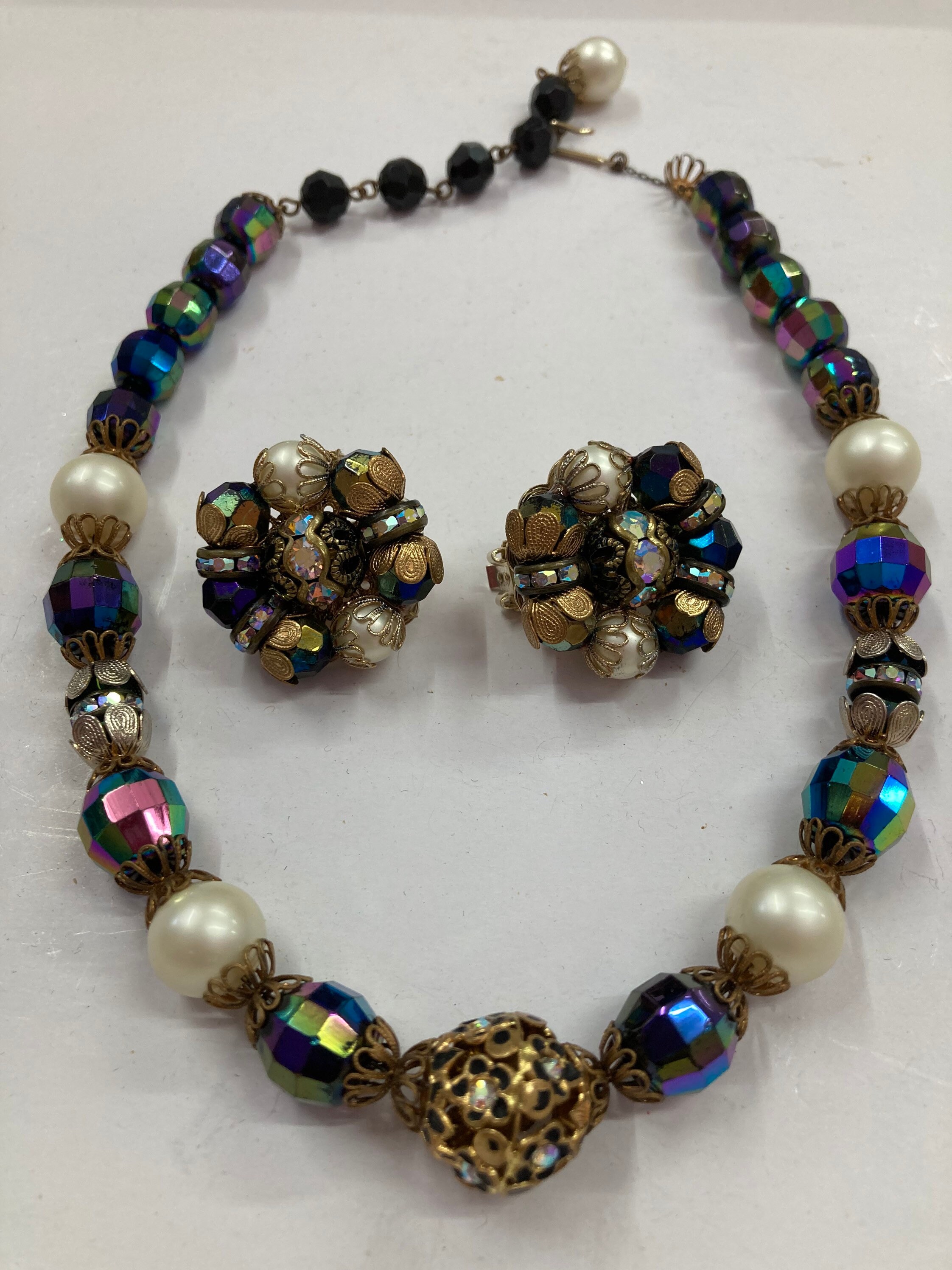 Vintage 50s Crystal & Pearl Necklace and Earrings Set by Hobe - Etsy