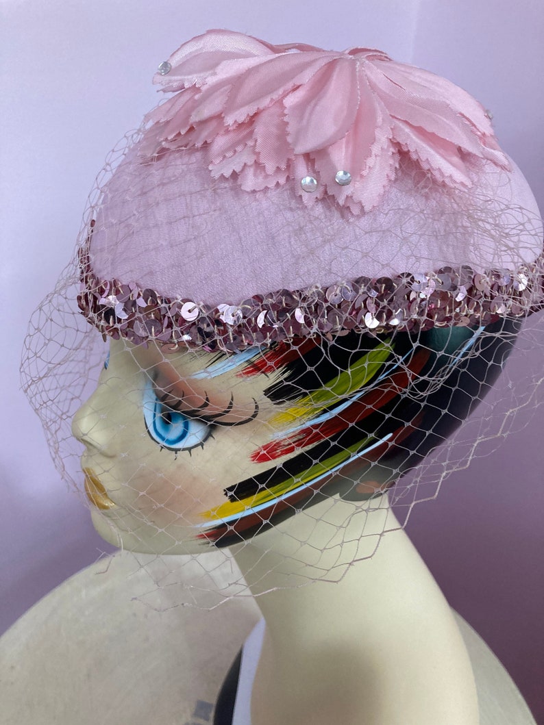 Vintage 80s Pink Juliette Cap With Rhinestoned Flower & Sequins. 80s ...