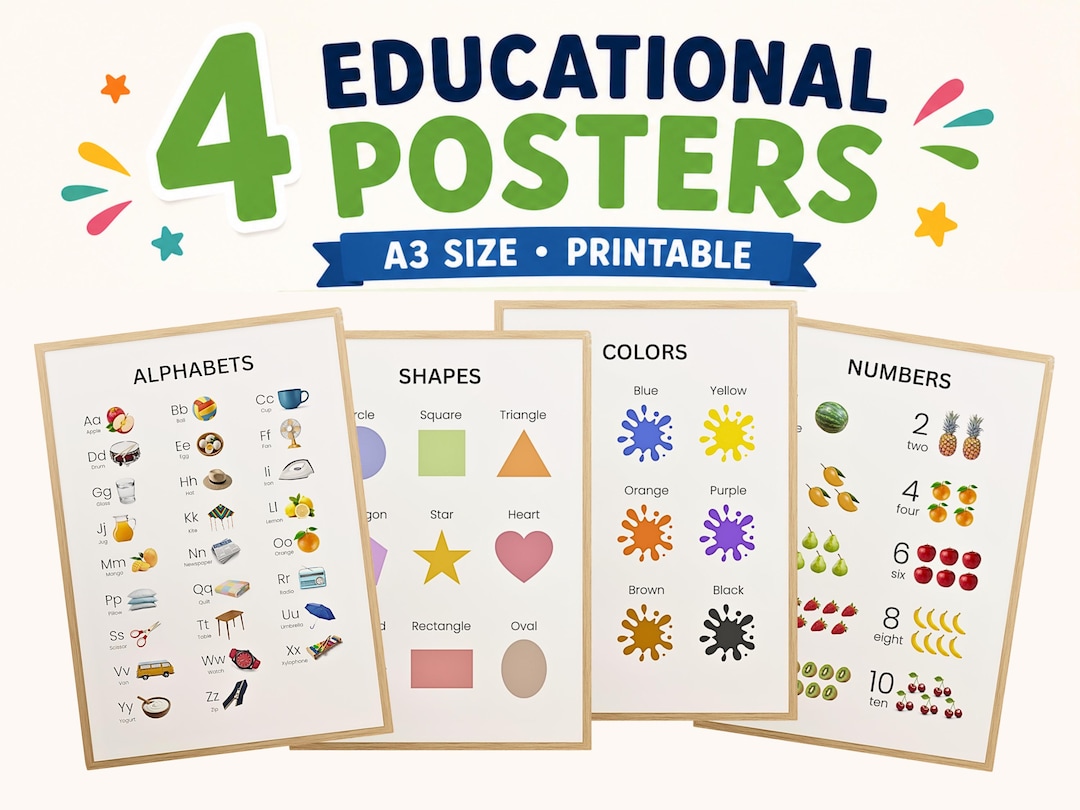 4 X Montessori Learning Posters Bundle | Alphabet, Numbers, Shapes ...