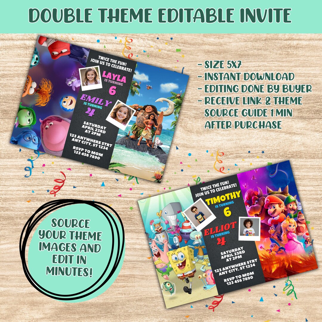 Editable Sibling Birthday Invitation: Double Theme Party (canva) - Etsy