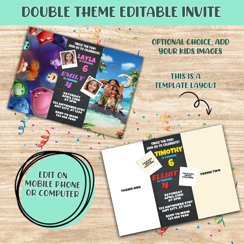 Editable Sibling Birthday Invitation, Double Birthday Invite, Dual ...
