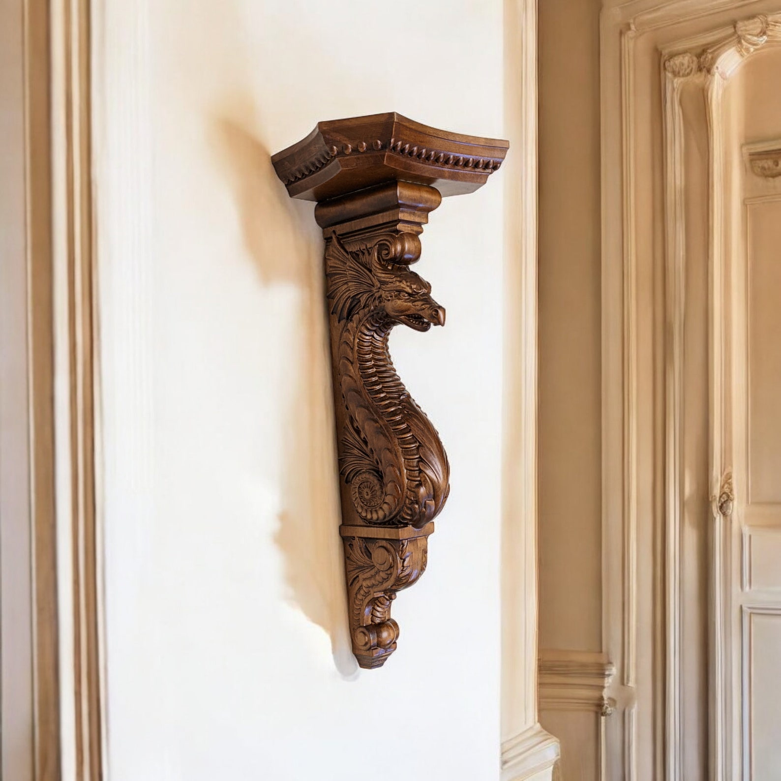 Wall Corbel With Dragon, Wooden Shelf Bracket Carved Wooden Wall Corbel ...