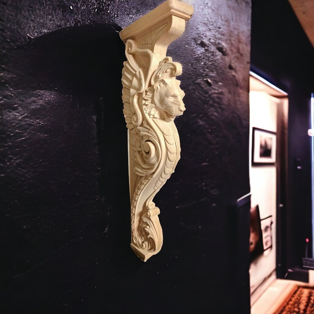 Rustic Corbel With Lion Head , Wooden Lion Statue Bracket Carved Wall ...