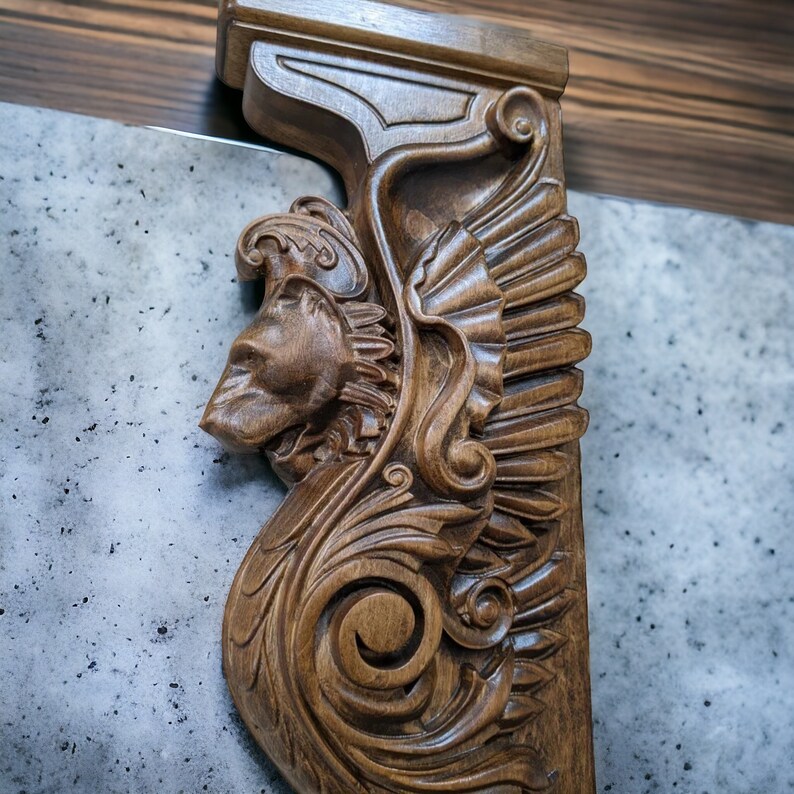 Rustic Corbel With Lion Head , Wooden Lion Statue Bracket Carved Wall ...