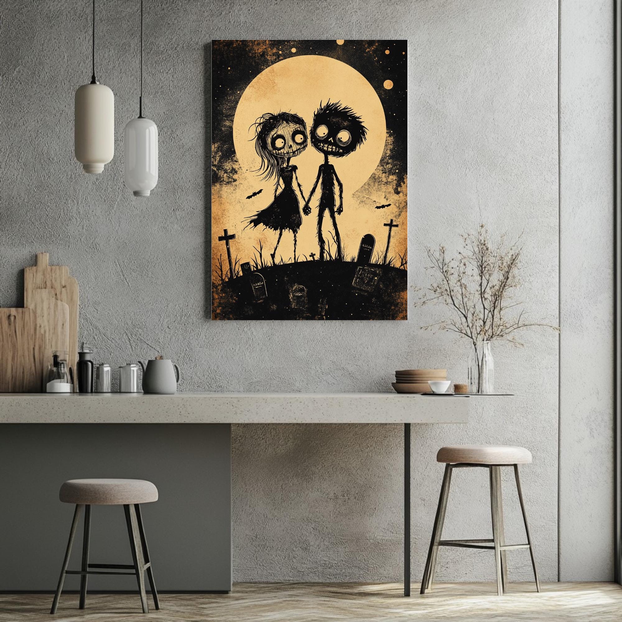 Minimalist Zombie Couple Art | Romantic Halloween Print | by ...