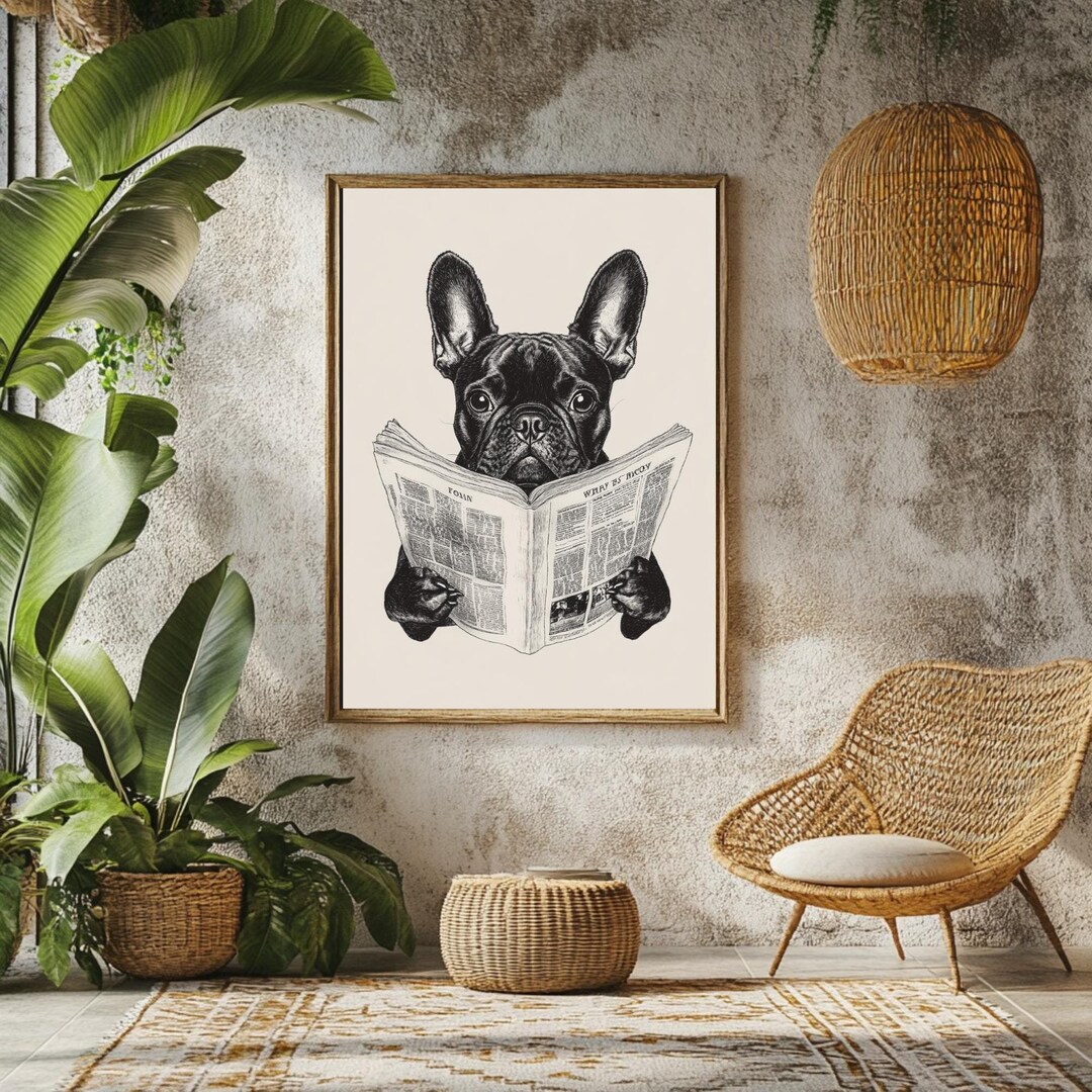 French Bulldog Reading Newspaper Digital Print Black and White Dog Art ...