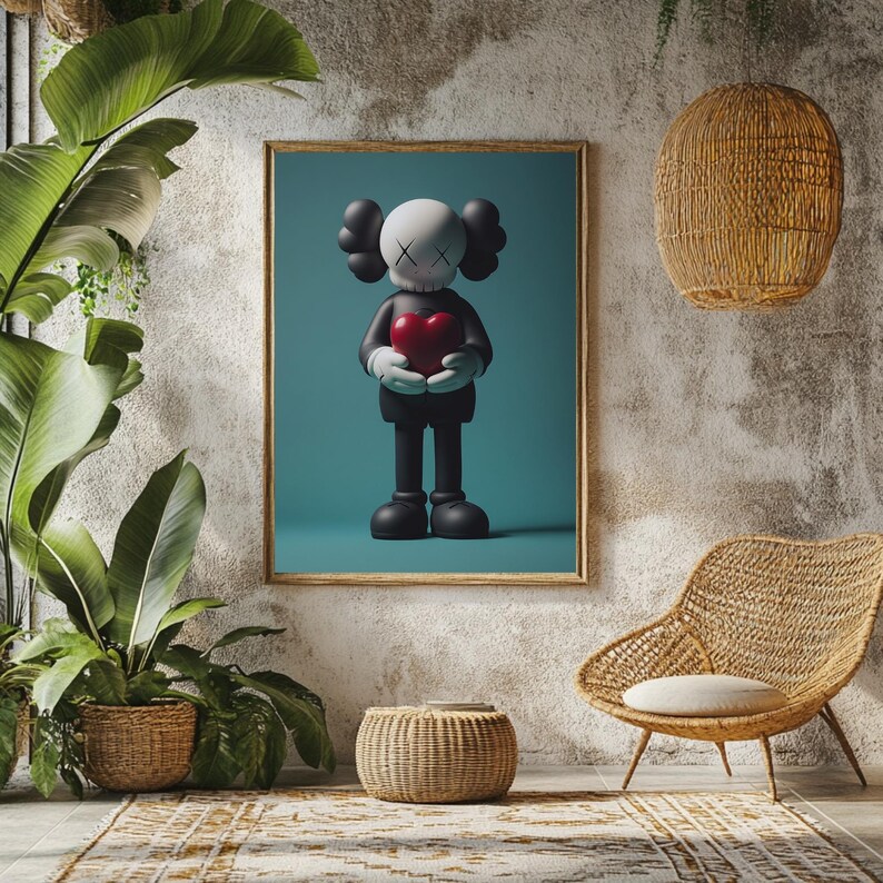 KAWS Figure Holding Red Heart Digital Print | Pop Art Poster | Teal Background Wall Art ...