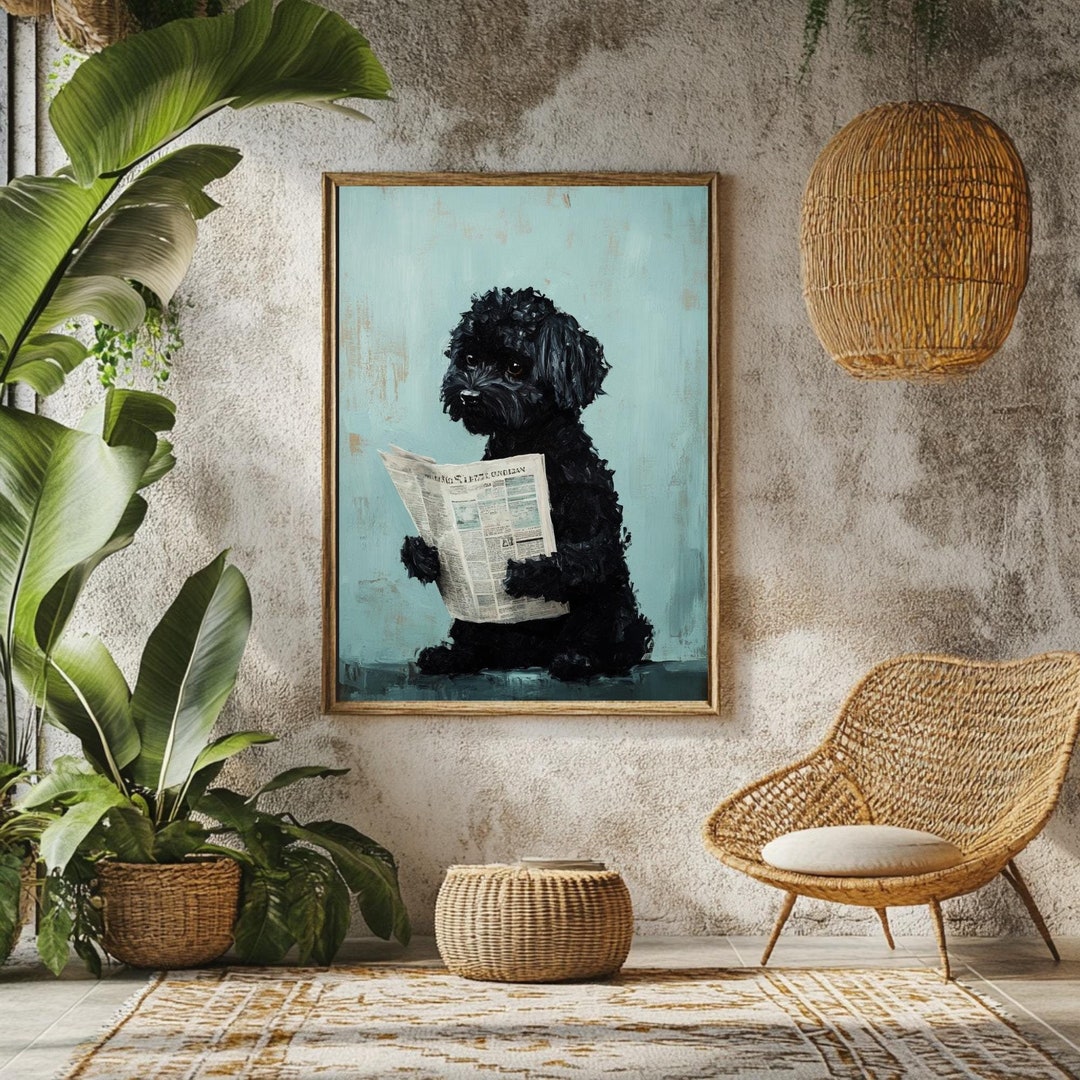 Cockapoo Reading Newspaper Art Print – Black Dog, Whimsical Pet Wall ...