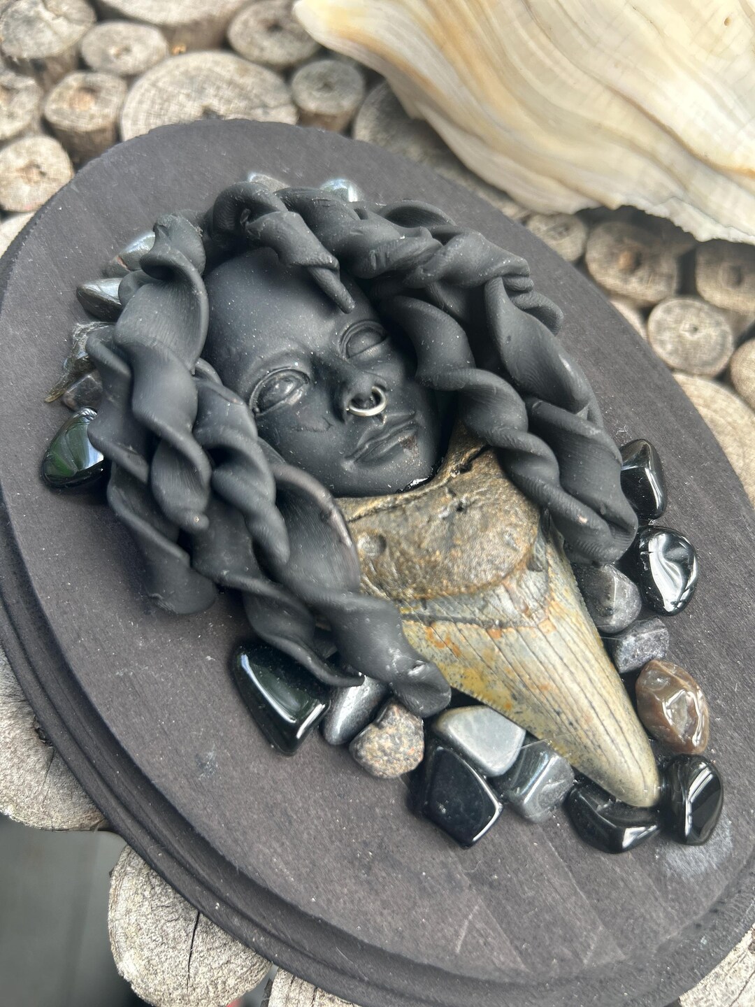 Megalodon Shark Tooth and Obsidian, Jasper, and Hematite Hangable ...